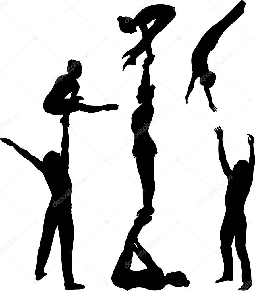 acrobática. Gimnastas acróbatas vector silueta negro. Gimnastas ...