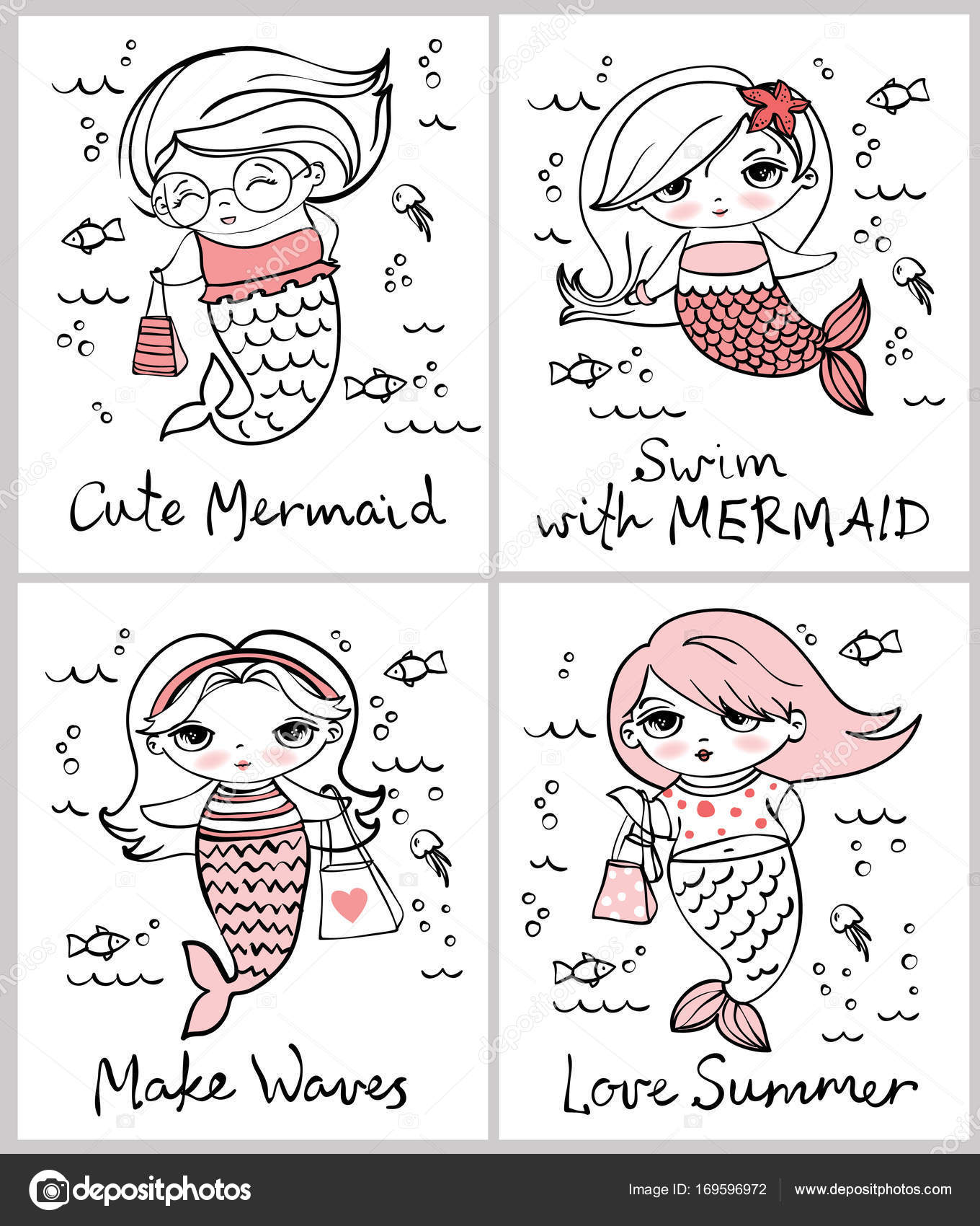 Little mermaid doodle cards Stock Vector by ©virinaflora 169596972