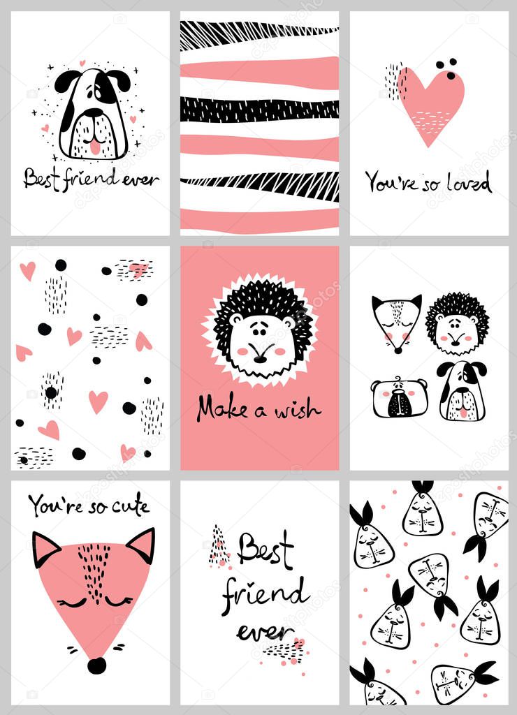 Tarjetas vectoriales con animales lindos en diseño simple y letras ...