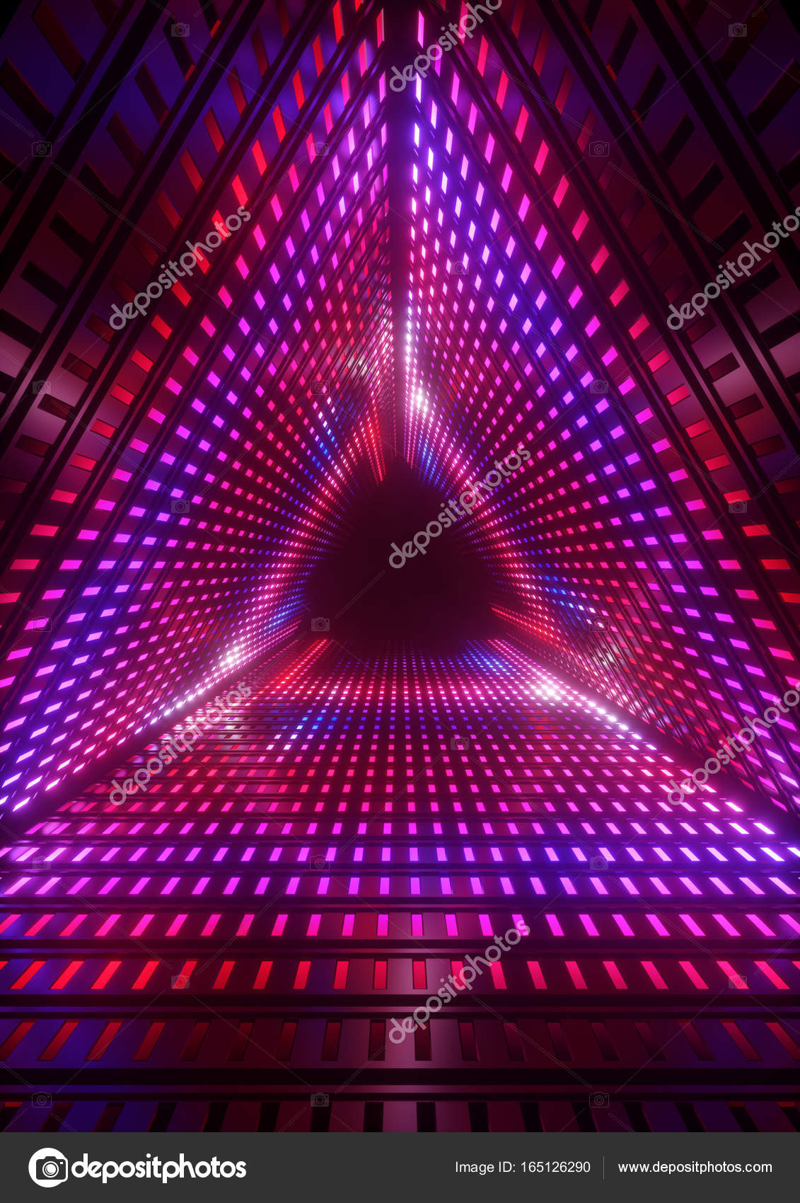 3d render, neon lights, triangle tunnel, abstract geometric background ...