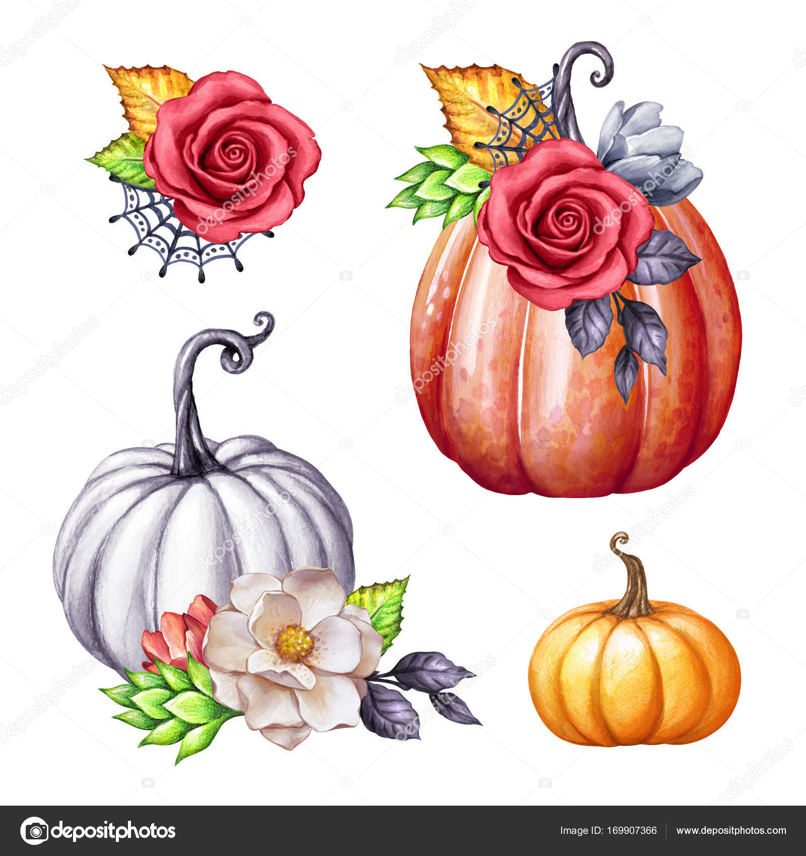 Watercolor floral pumpkins, Halloween illustration set, autumn design ...