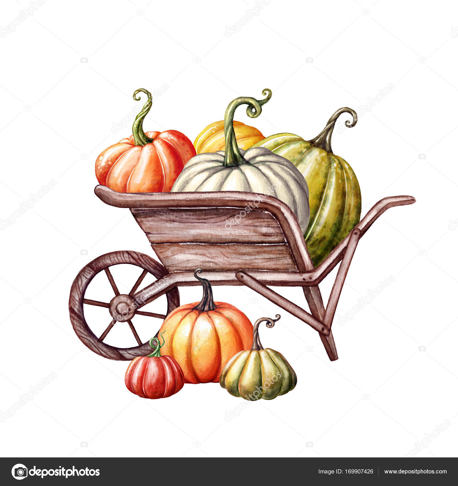 Watercolor pumpkins in the wheelbarrow, Thanksgiving, farm harvest ...