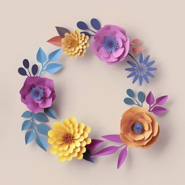 3d render, yellow paper flowers on violet background, floral bouquet ...