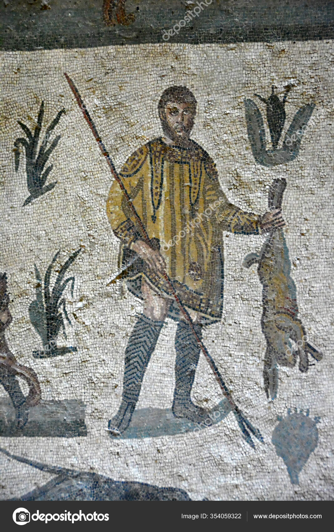 Ancient Roman Mosaic Hare Hunting Huntsman Holding Captured Hare His ...