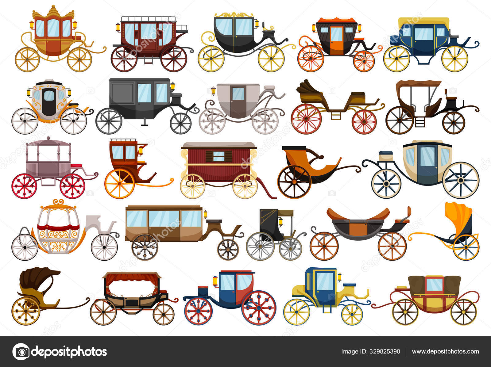 Vintage carruagem vetor desenho animado conjunto ícone. Carrinho ...