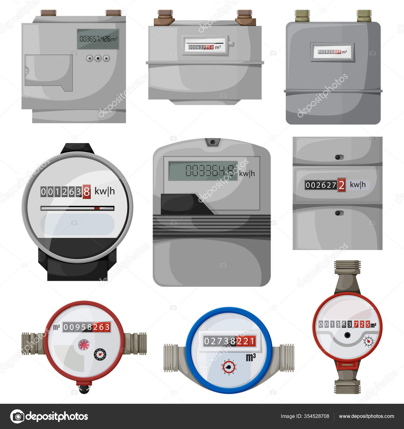 Electric power, gas, water meter vector cartoon set icon. Vector ...