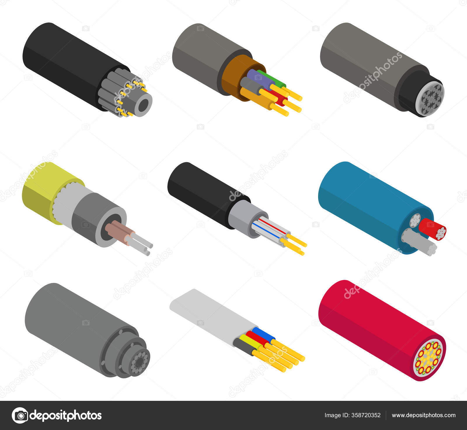 Fiber cable vector isometric set icon. Isolated isometric set icon ...