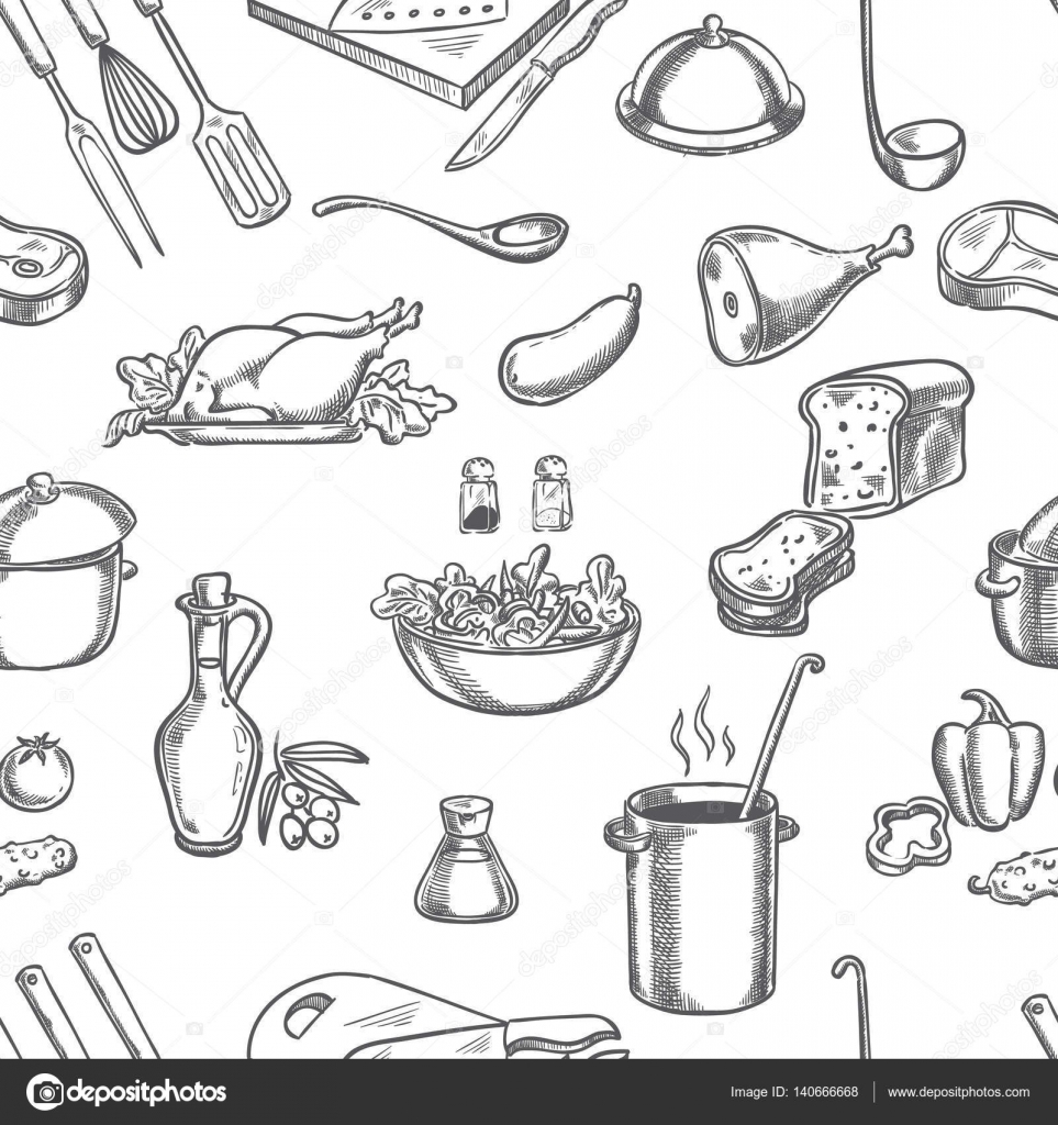 Cook, kitchen, ingredients, and equipment hand drawing seamless Stock ...