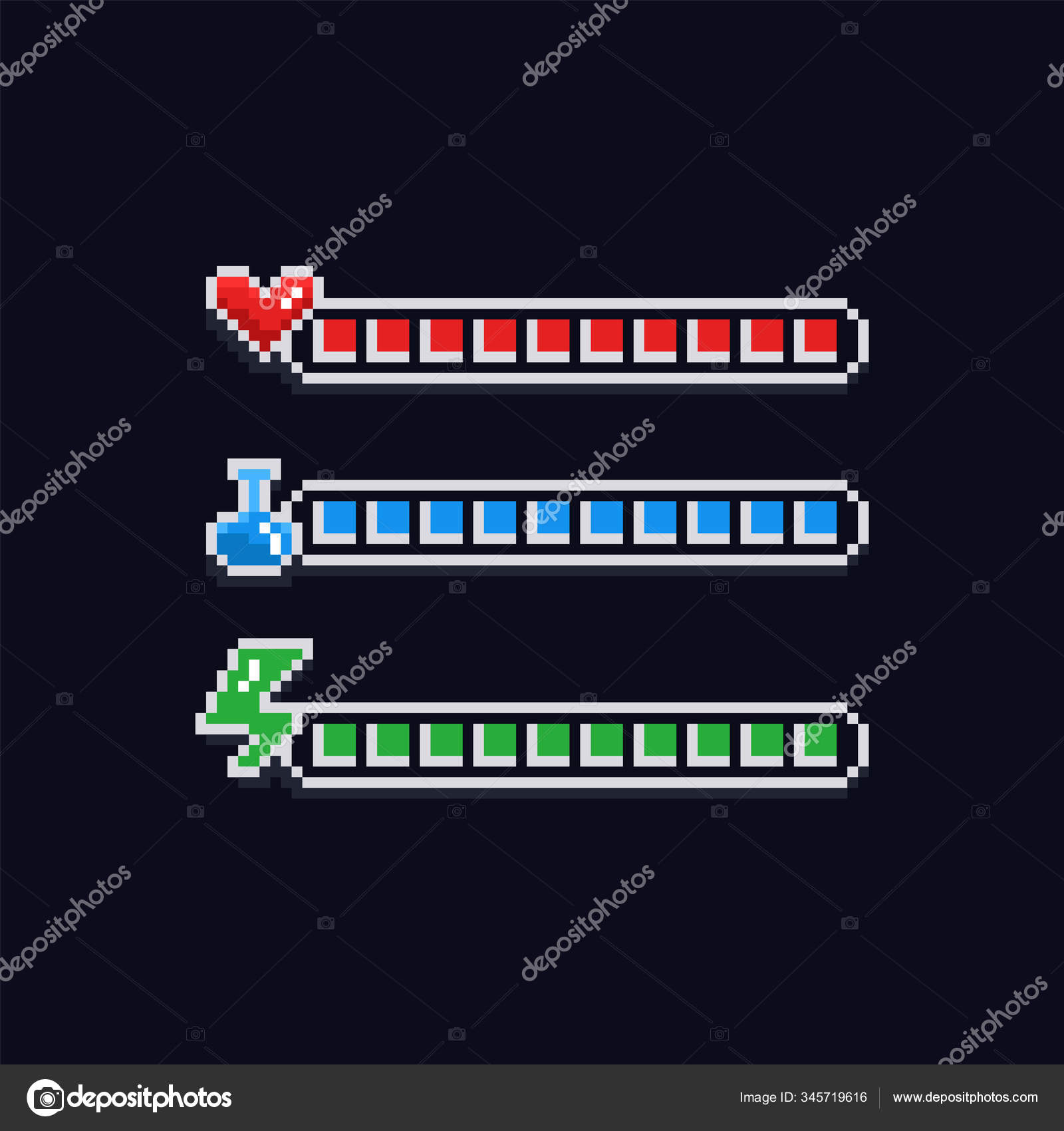 Pixel art 8 bit retro styled game design interface set - red health indicator with heart, blue ...