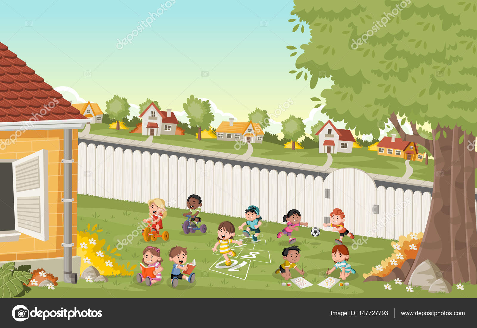Niños de dibujos animados jugando en el barrio de los suburbios ...