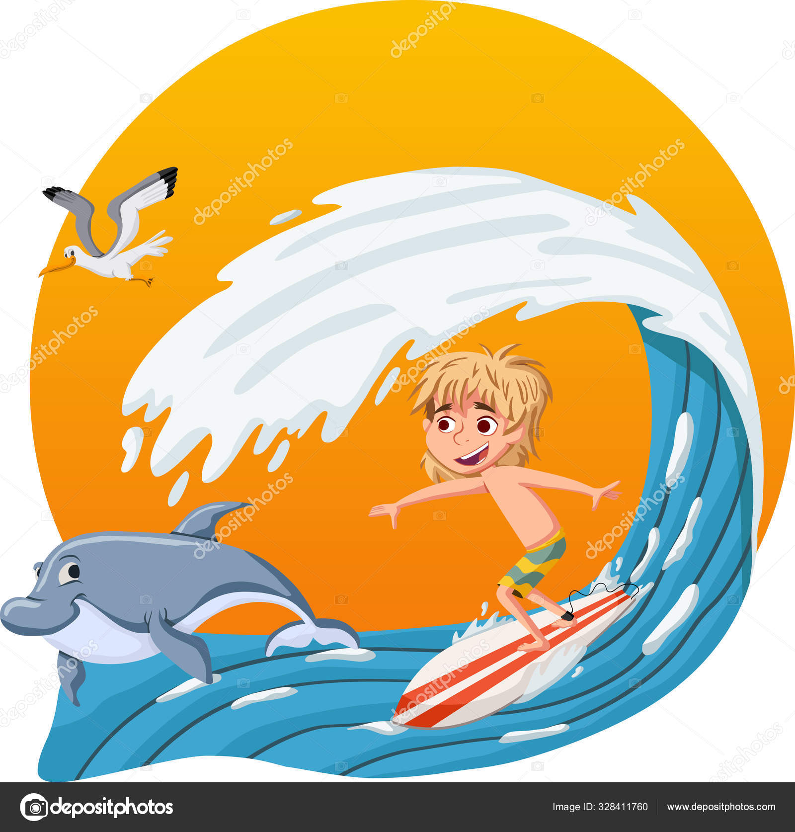 Chico Dibujos Animados Surfeando Una Gran Ola Adolescente Montando Una ...