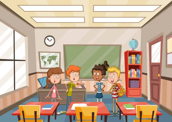 Cartoon students in classroom. School building. - Stock Image - Everypixel