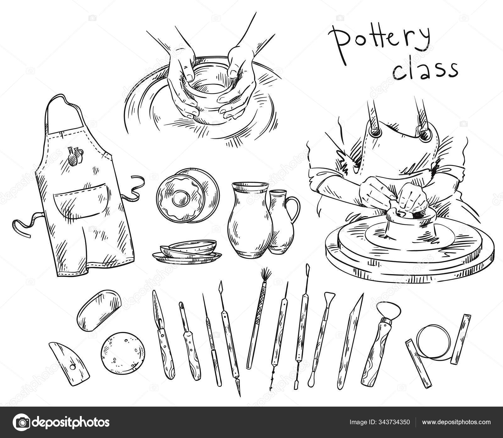 Pottery class. Tools and instruments for pottery making, potter' Stock ...