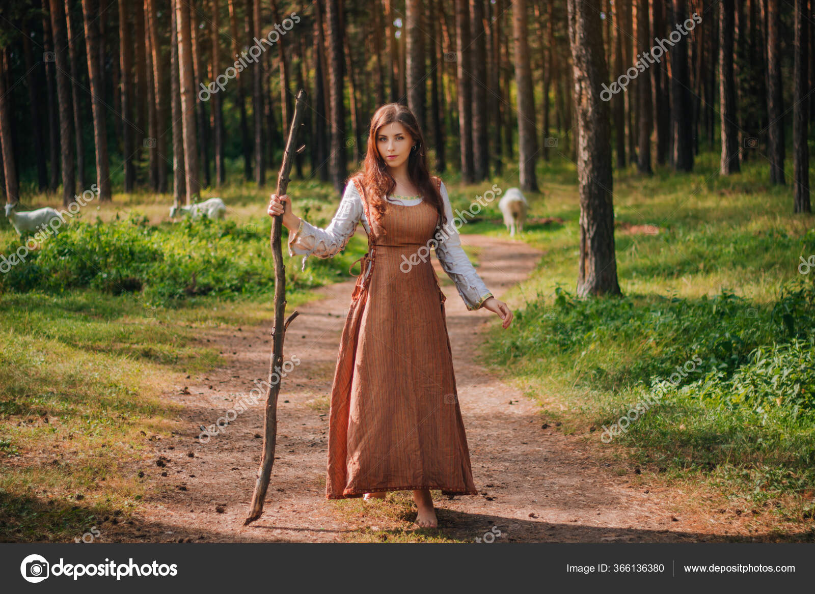 Young Beautiful Girl Medieval Cowboy Clothes Stick Hand Barefoot Ground ...