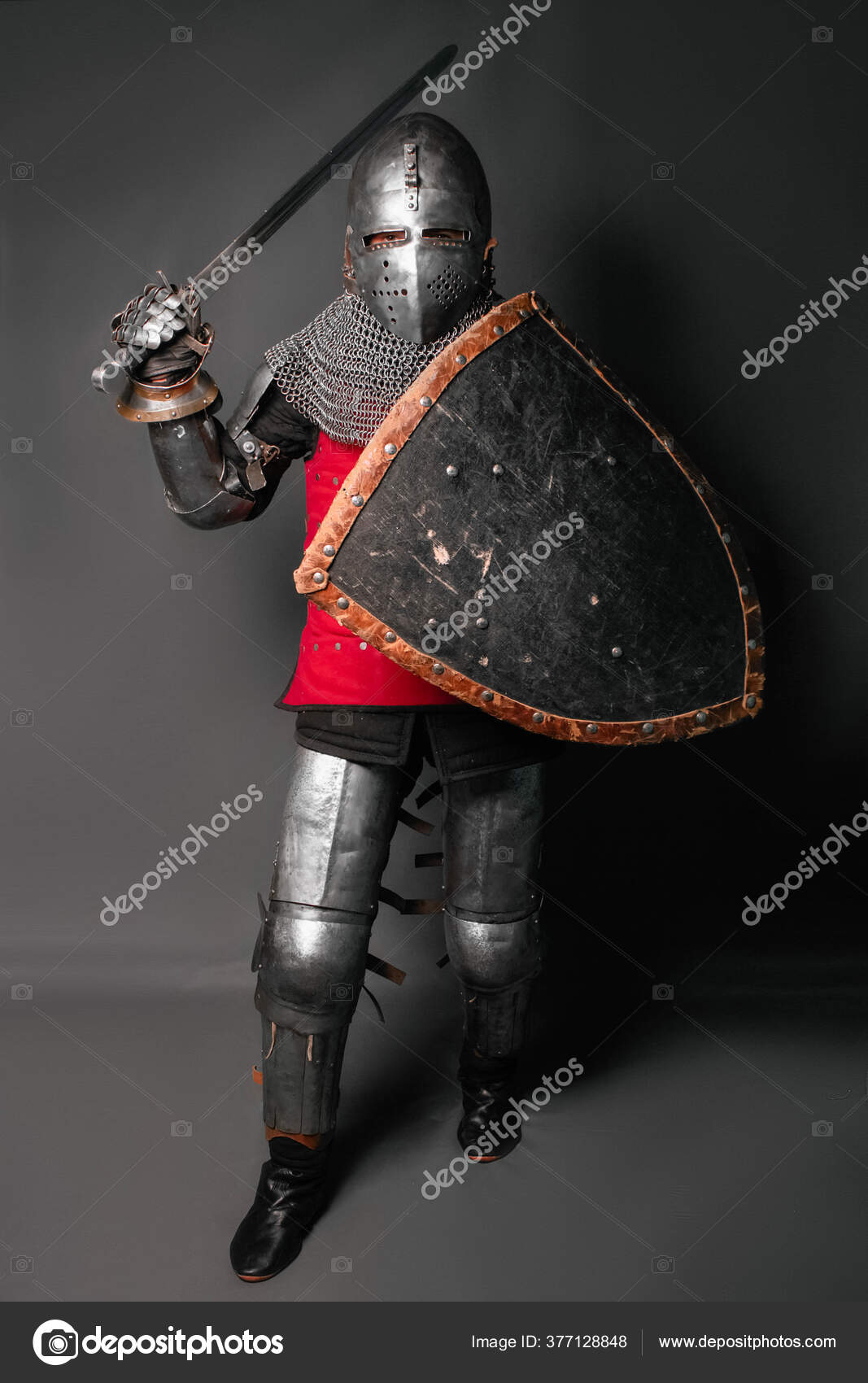 Medieval Knight Armor Shield Sword His Hands Stands Fighting Position ...