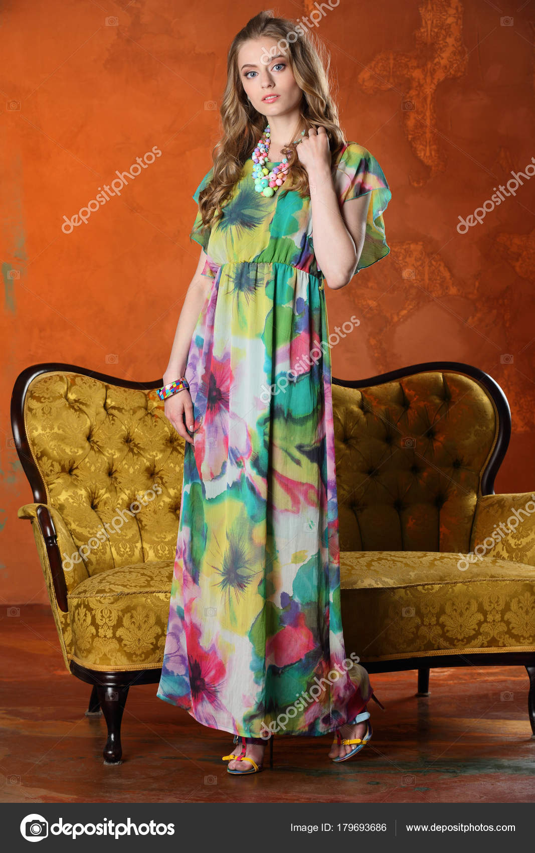 Attractive Beautiful Slender Blonde Girl Model Posing Bright Long Silk