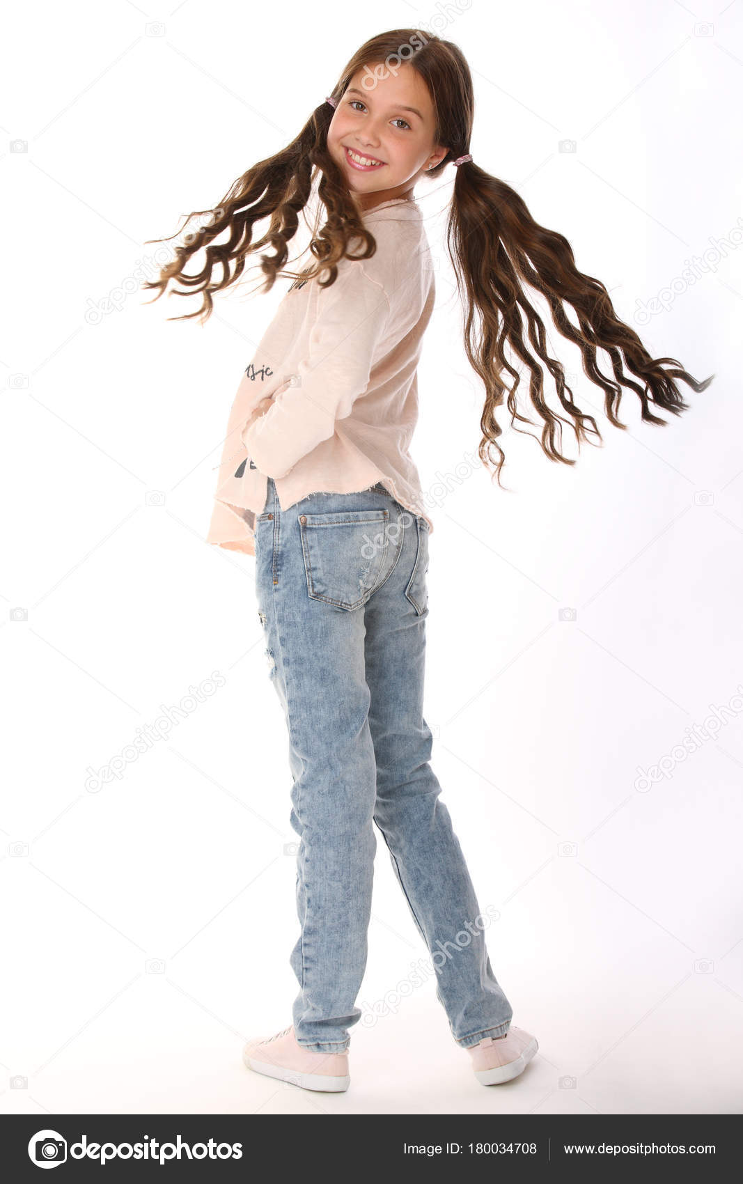 Pretty Beautiful Happy Brunette Young Teen Girl Blue Jeans Adorable ...