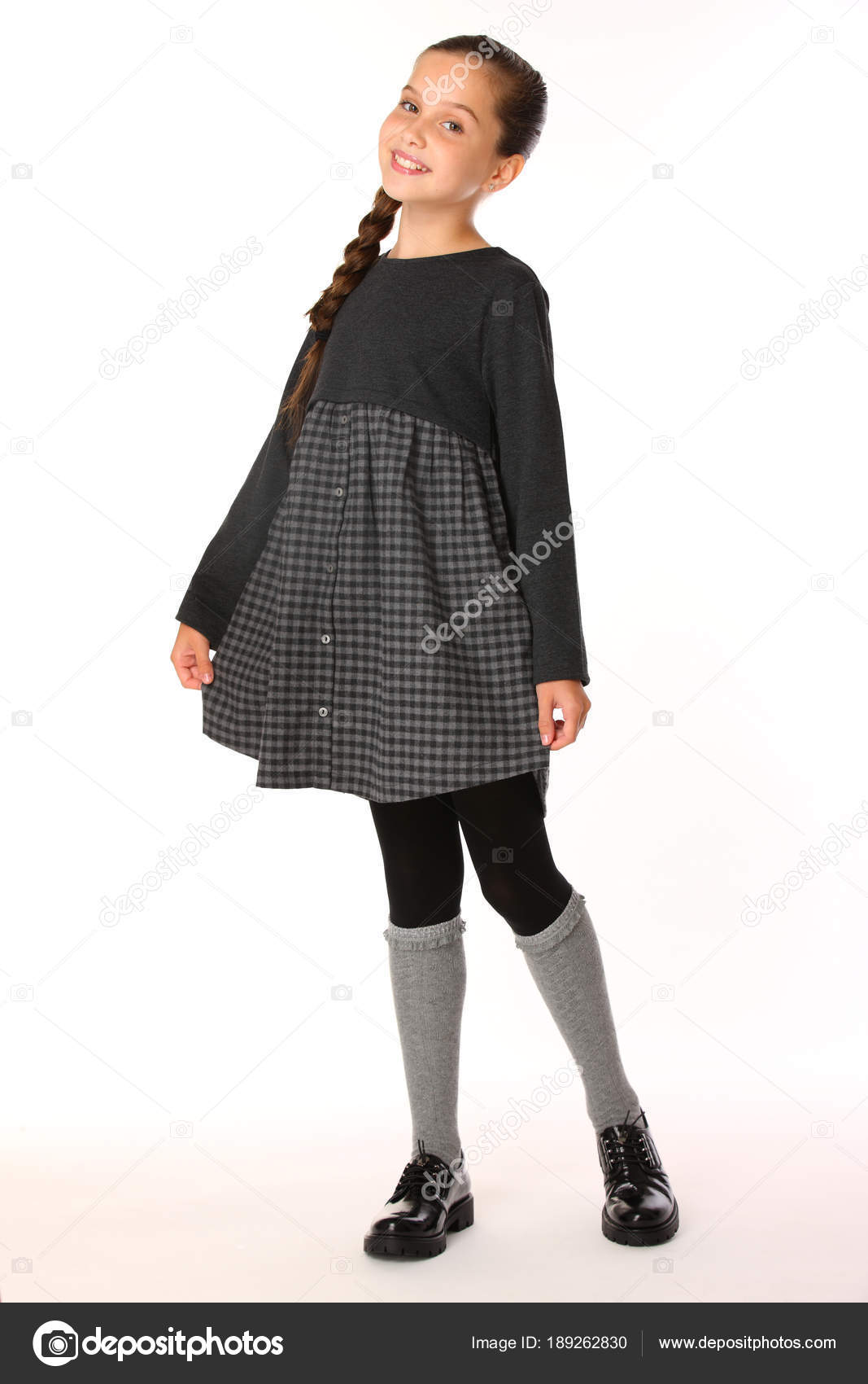 Pretty Slender Young Schoolgirl Stands Full Growth Uniform Beautiful