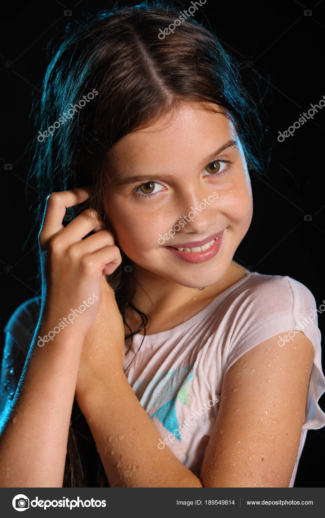 Close Portrait Charming Child Wet Slender Body Pretty Young Beautiful ...