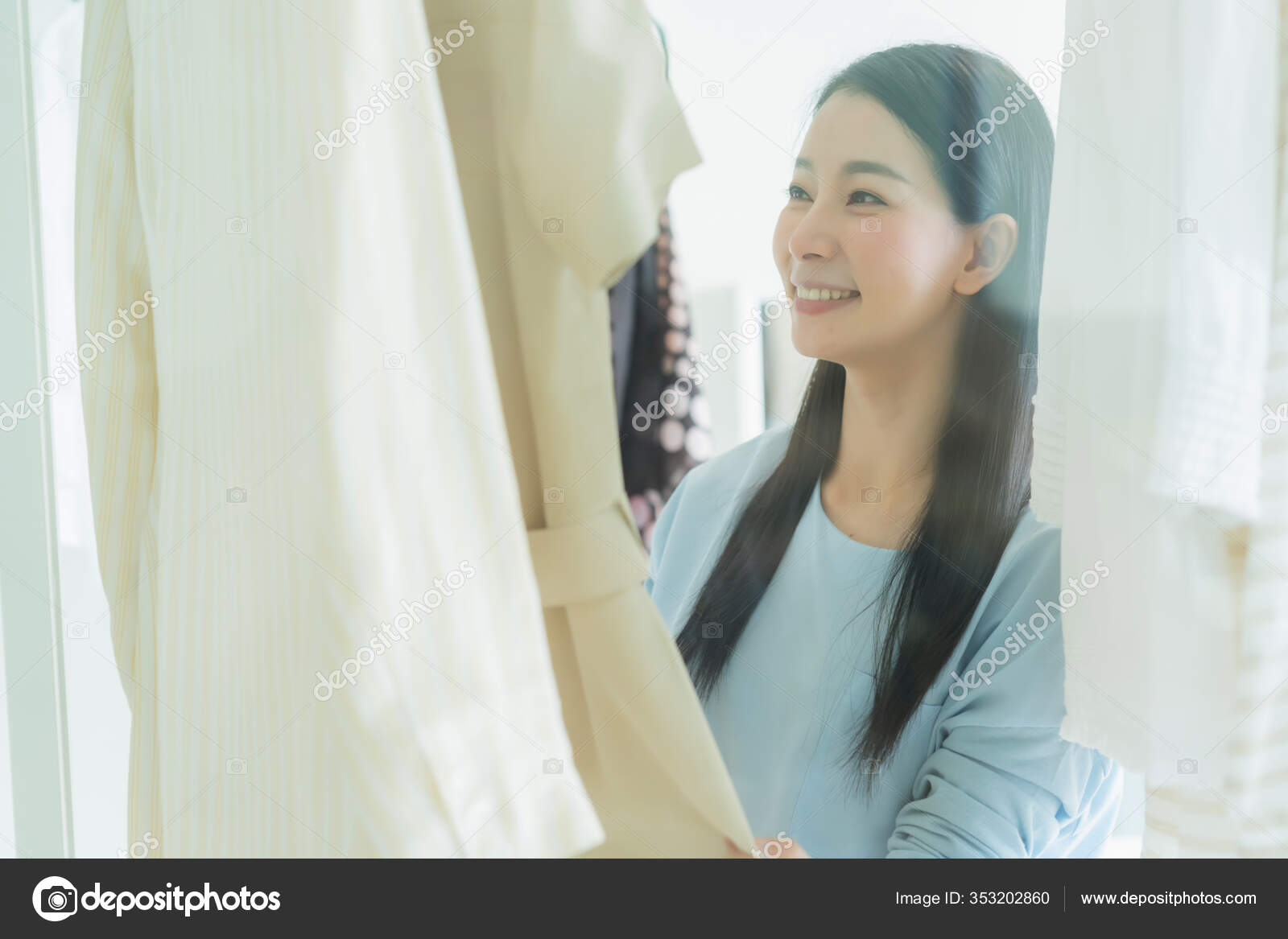 Beautiful Asian Housewife Arrange Choose Cloth Dress Morning Light ...