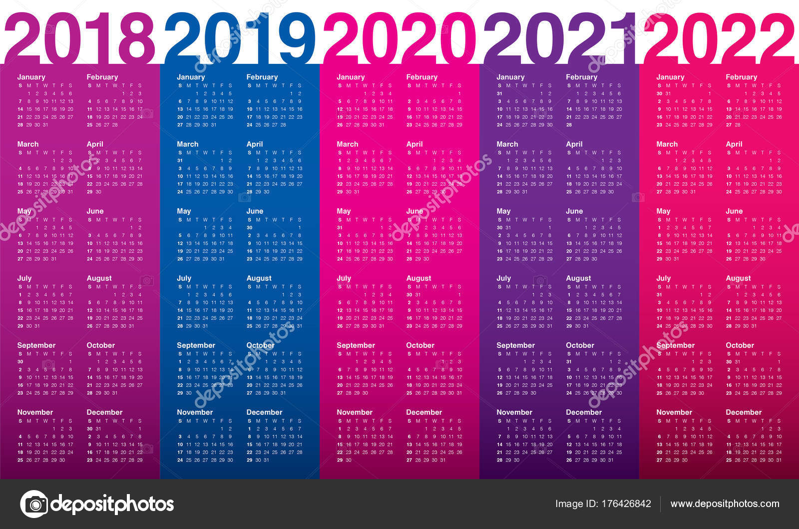 Year 2018 2019 2020 2021 2022 calendar vector Stock Vector Image by ...