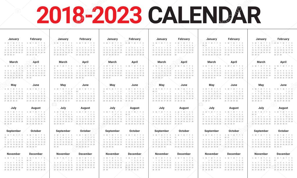 Year 2018 2019 2020 2021 2022 2023 calendar vector — Stock Vector ...
