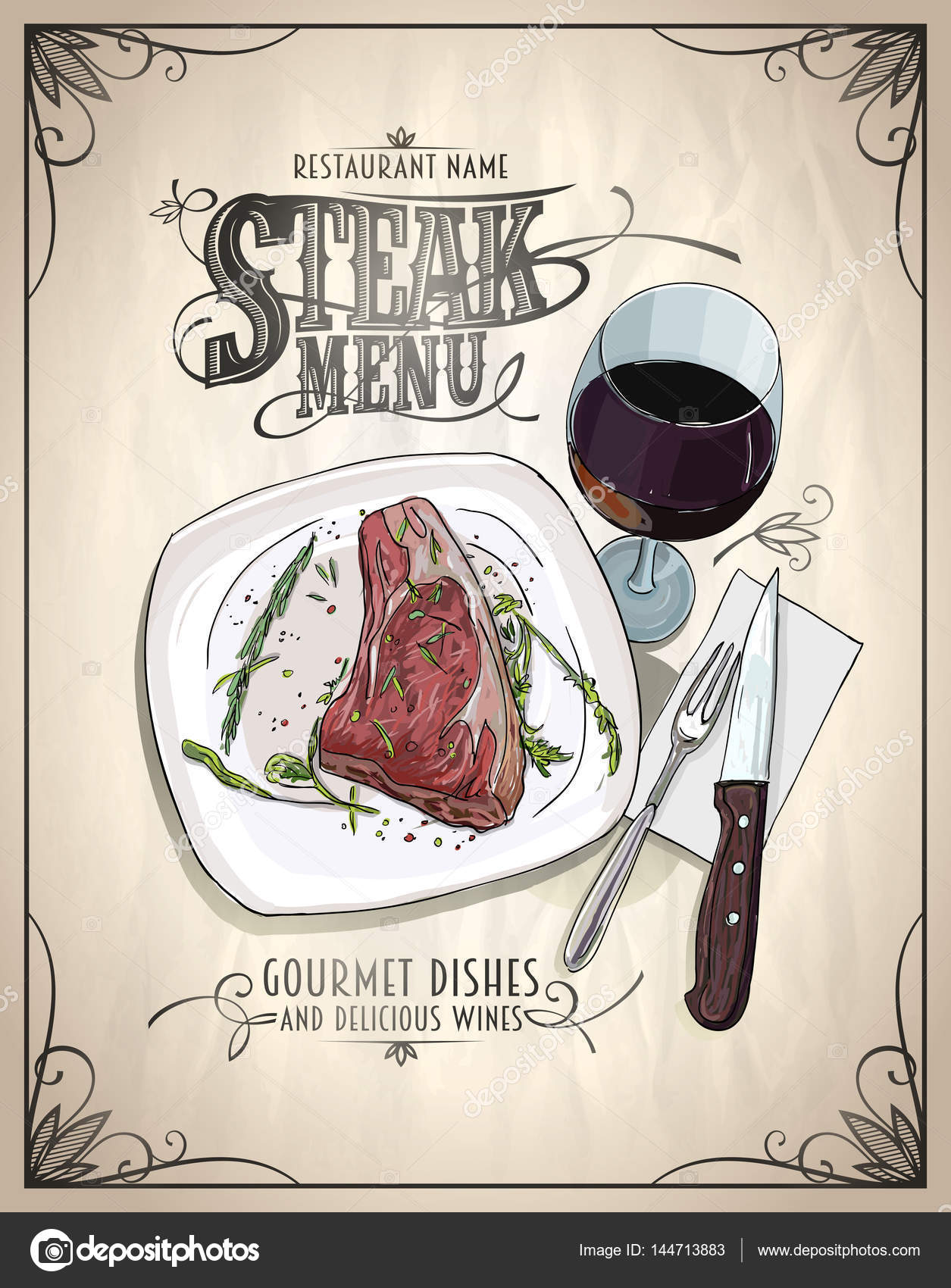Steak menu design concept with graphic illustration of a fillet mignon ...