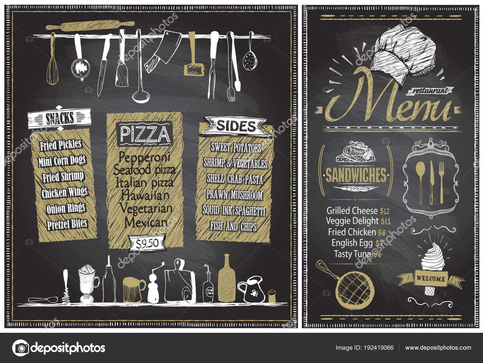 Tableros de menú de tiza con utensilios de cocina, ilustración gráfica ...