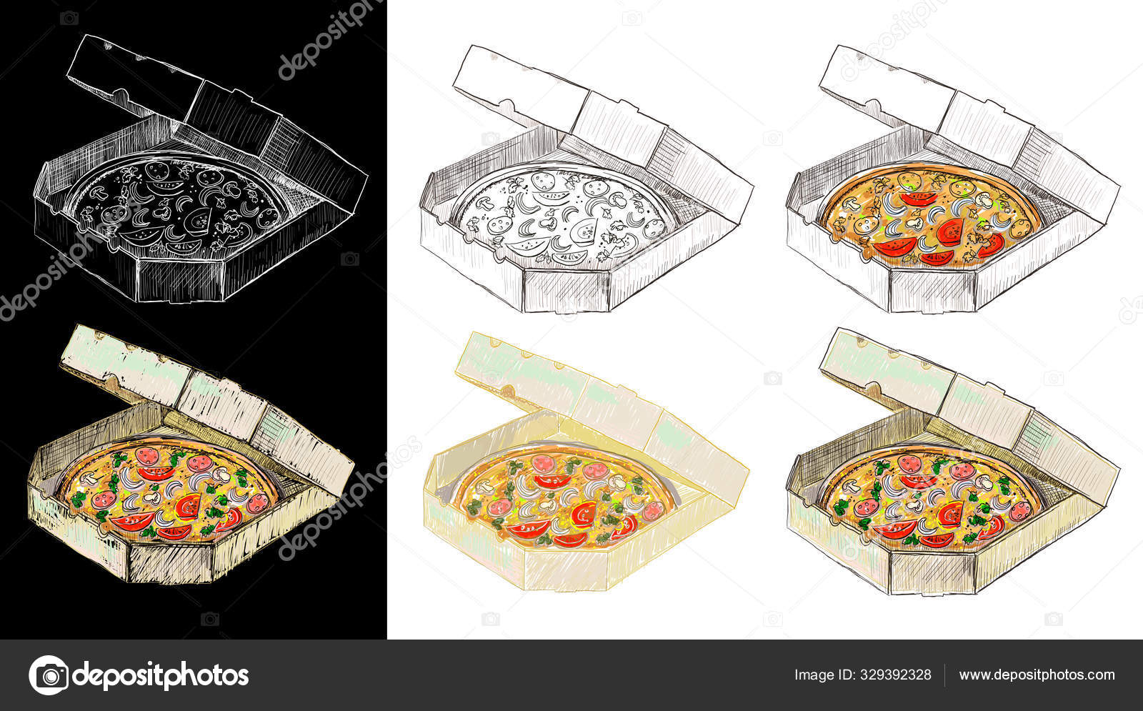 Pizza in delivery box, set graphic sketch illustration Stock Vector ...