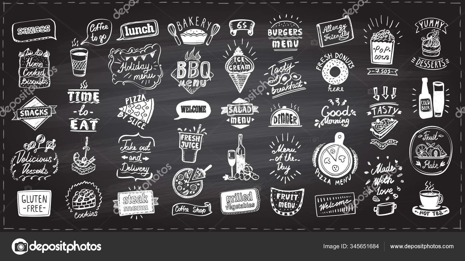 Menu set with symbols, signs and elements on a chalkboard, vector hand ...