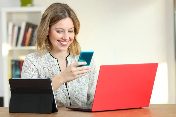 Happy Lady Using Multiple Colorful Devices Desk Home Stock Photo by ...