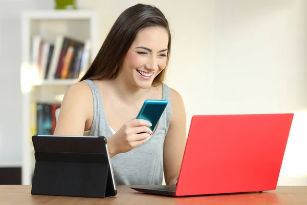 Happy Lady Using Multiple Colorful Devices Desk Home Stock Photo by ...
