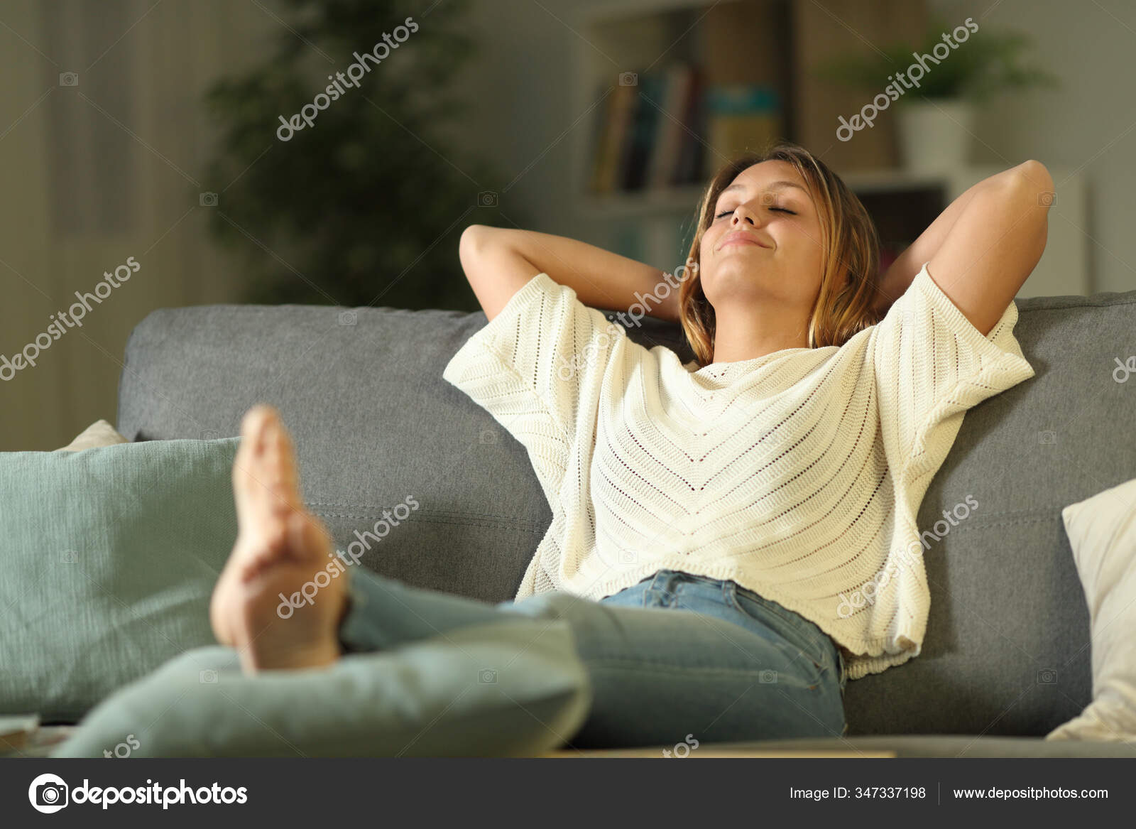 Satisfied Homeowner Resting Sitting Couch Night Home Stock Photo by ...