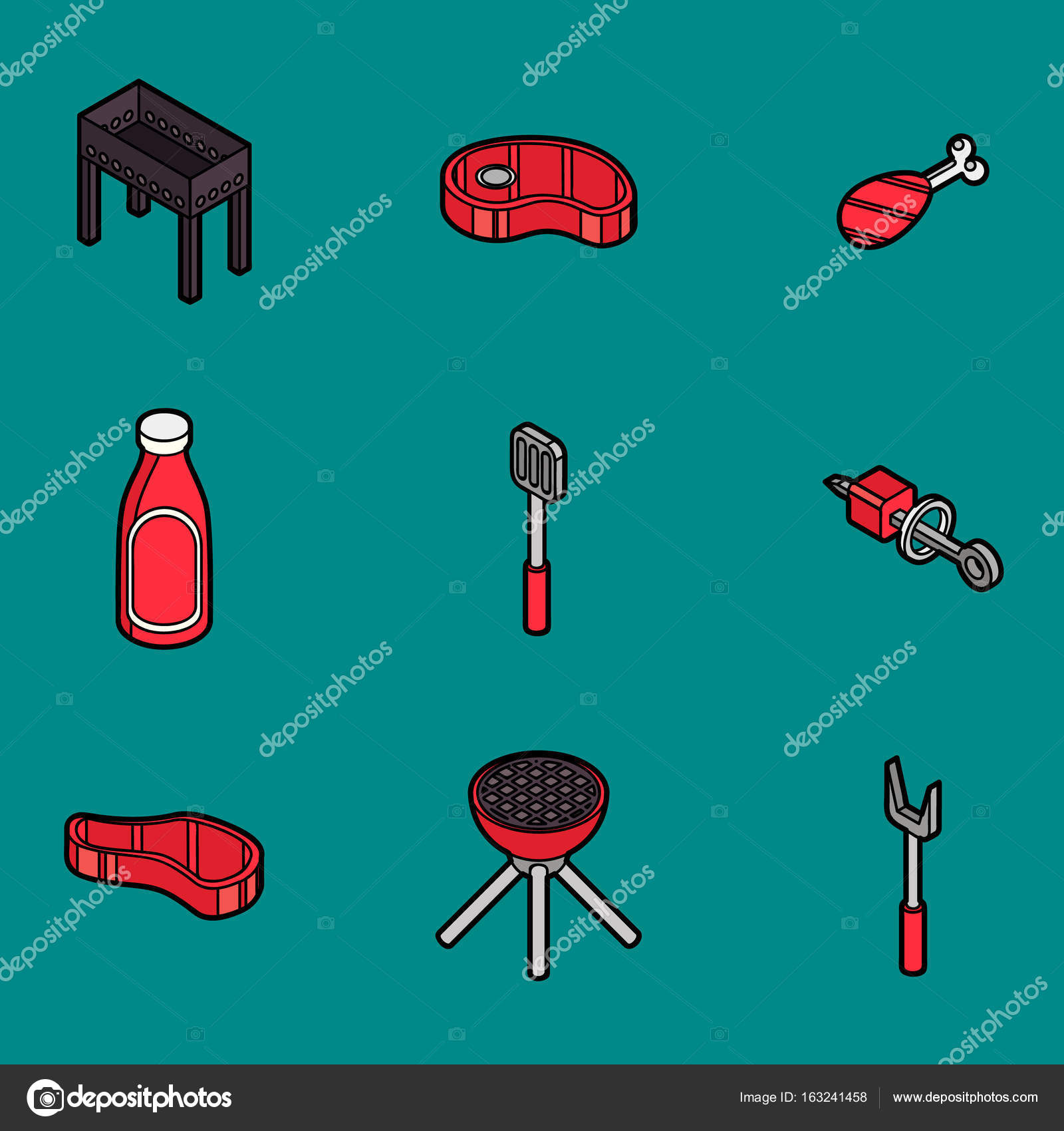 Bbq Color Outline Isometric Icons Barbecue Food Flyer Barbecue ...