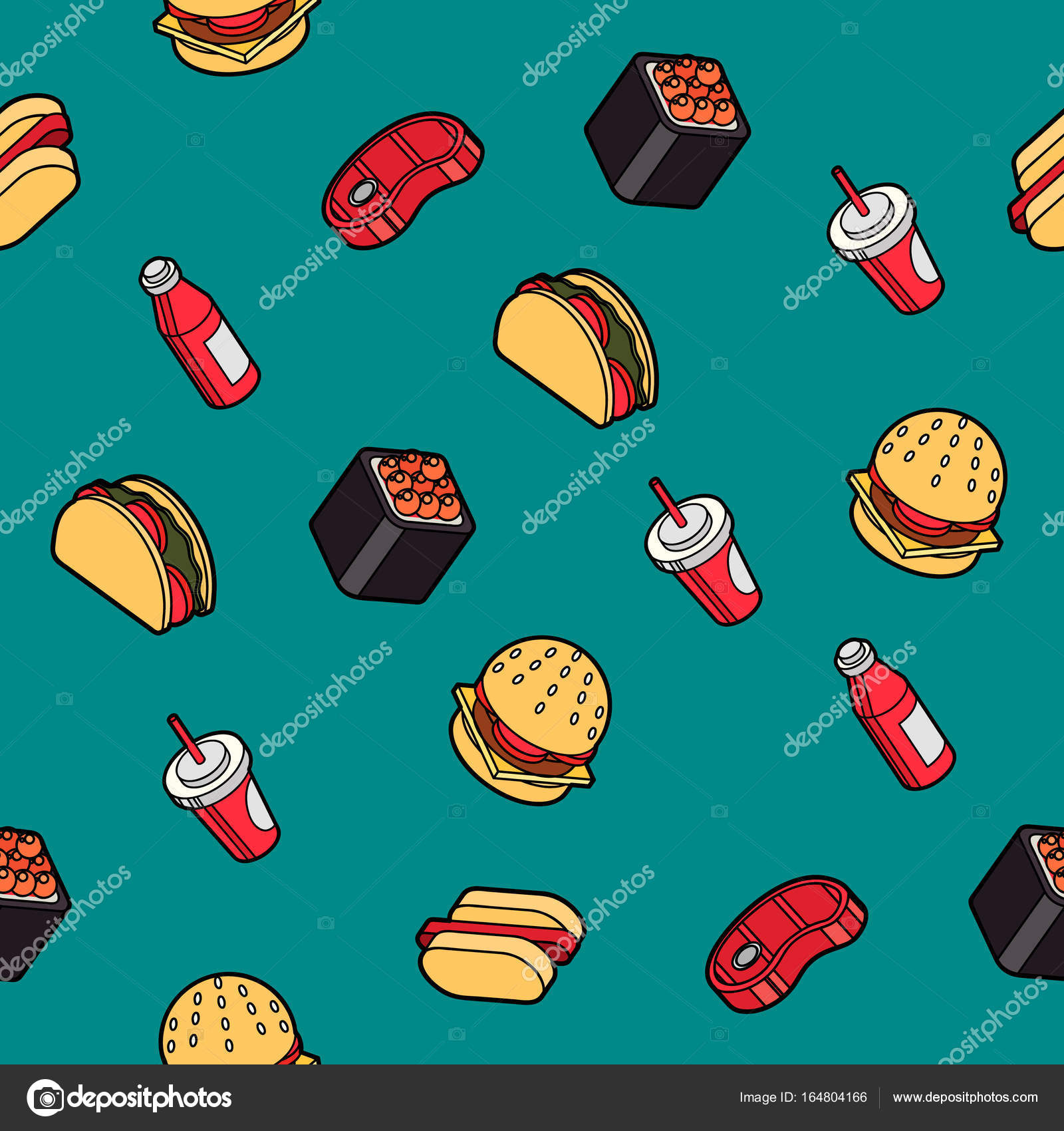 Fast Food Outline Color Isometric Pattern Vector Illustration Eps Stock ...