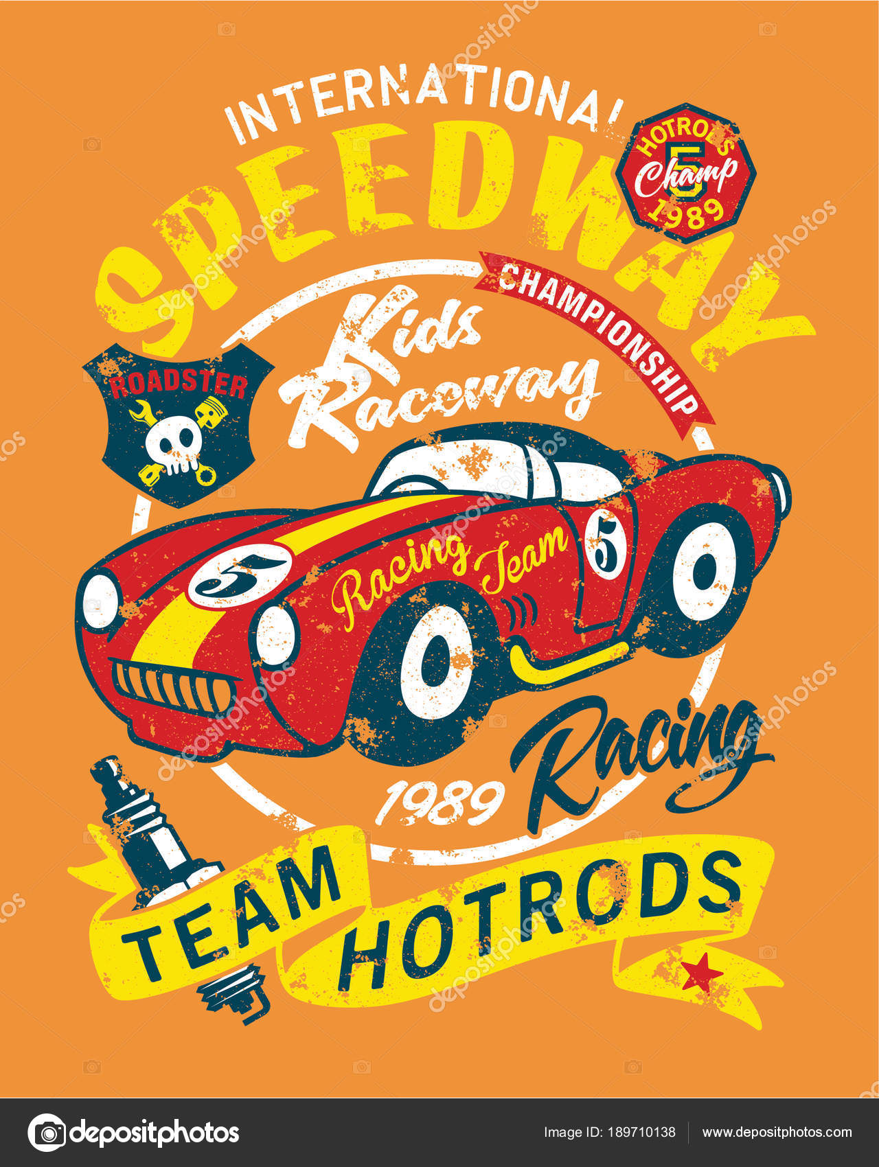 Vintage Speedway Kids Roadster Racing Team Vector Print Fabric Applique ...