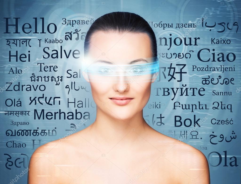Woman with black words of different languages — Stock Photo © shmeljov ...