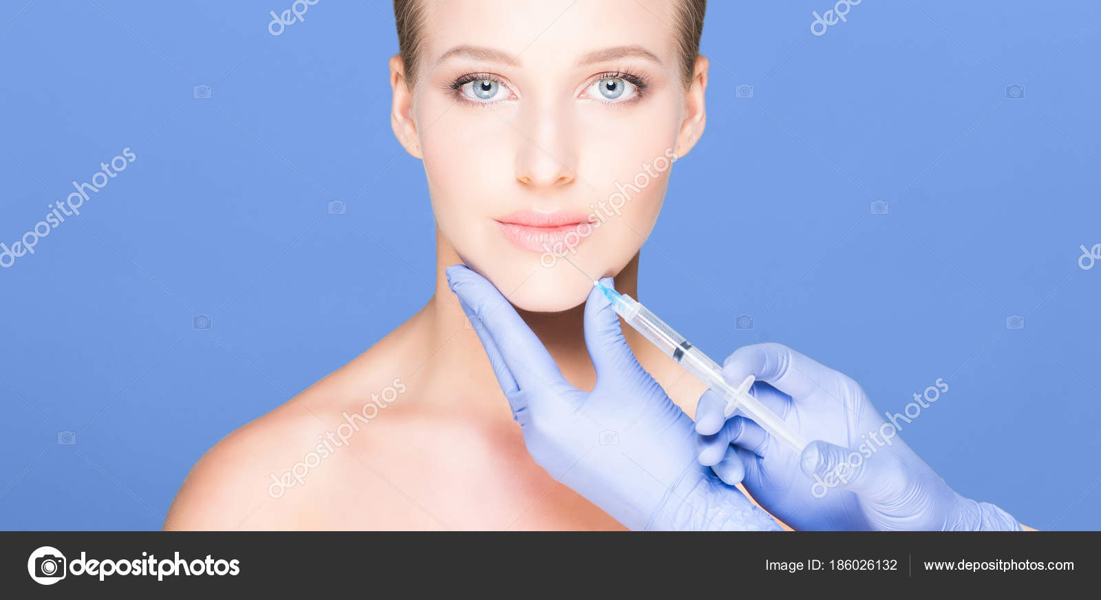 Doctor Making Injections Beautiful Face Young Woman Blue Background ...
