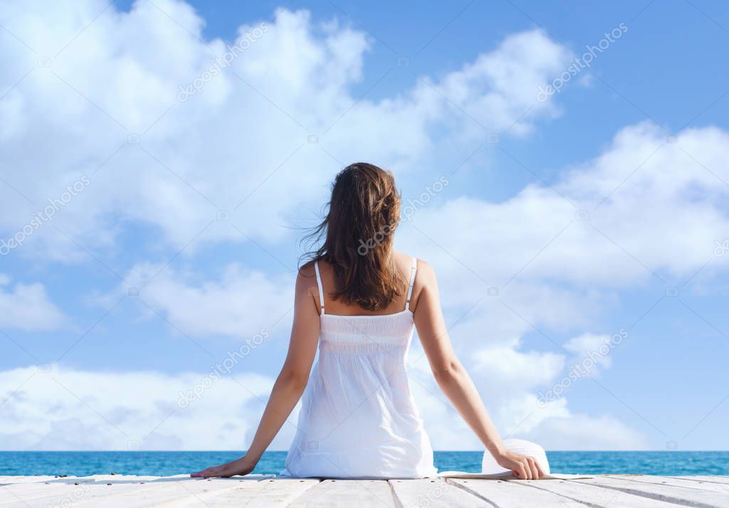 Back View Young Woman Sitting Pier Sea Sky Background Vacation — Stock ...