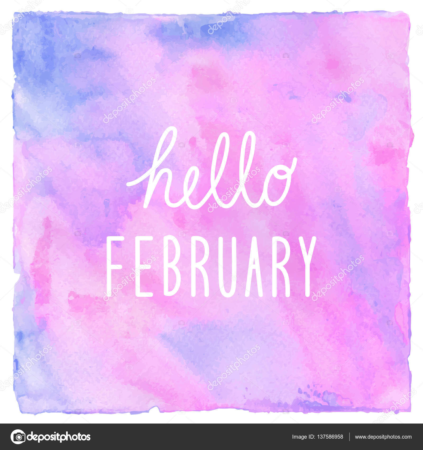 Hello February text on pink blue and violet watercolor backgroun Stock ...