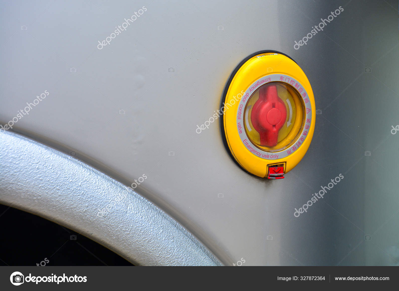Emergency door control valve close-up on a bus. Safety concept ...