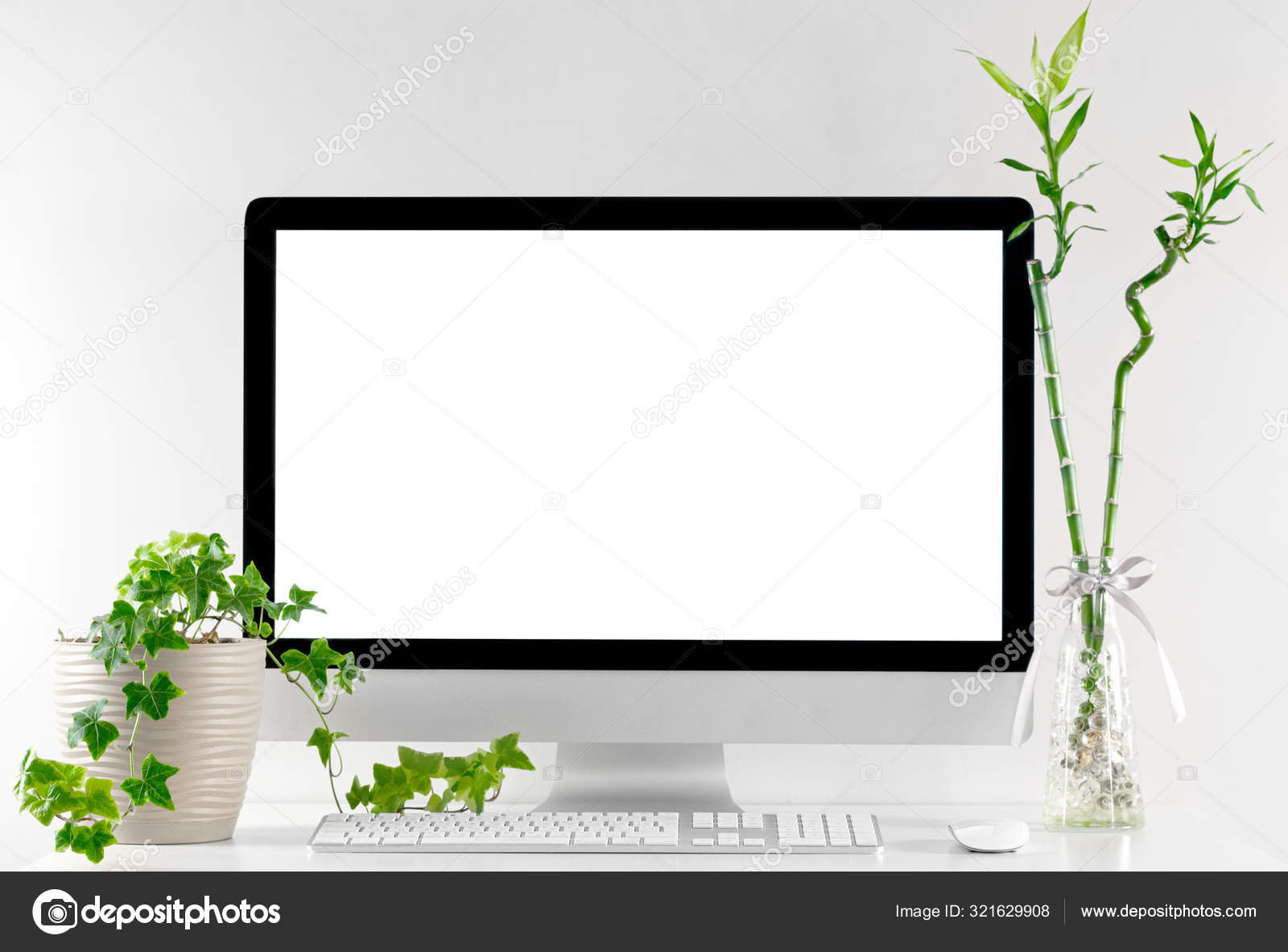 Computer all in one in office table with isolated white screen — Stock ...