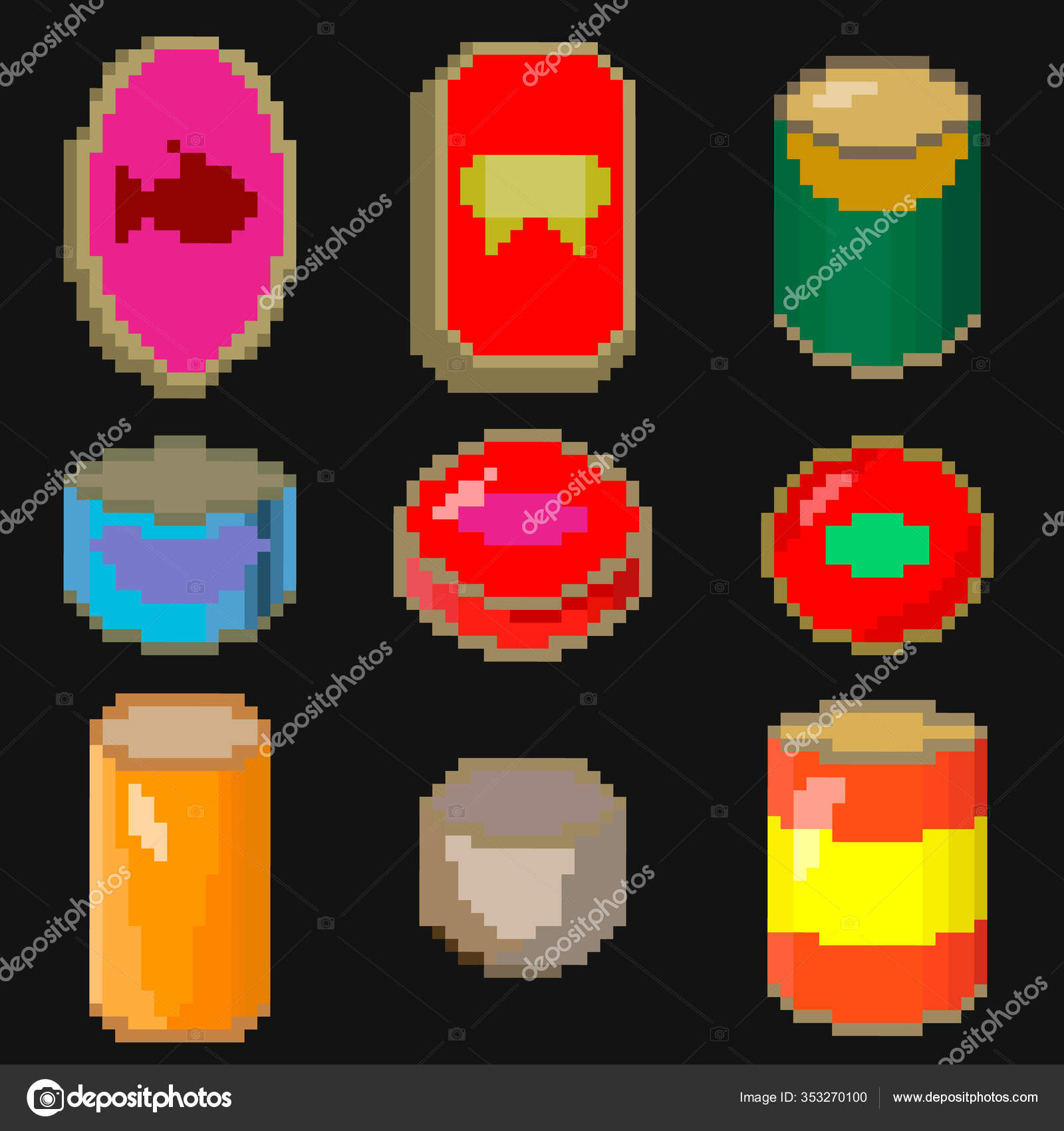 Set Nine Food Elements Style Small Number Pixels Canned Food Stock ...