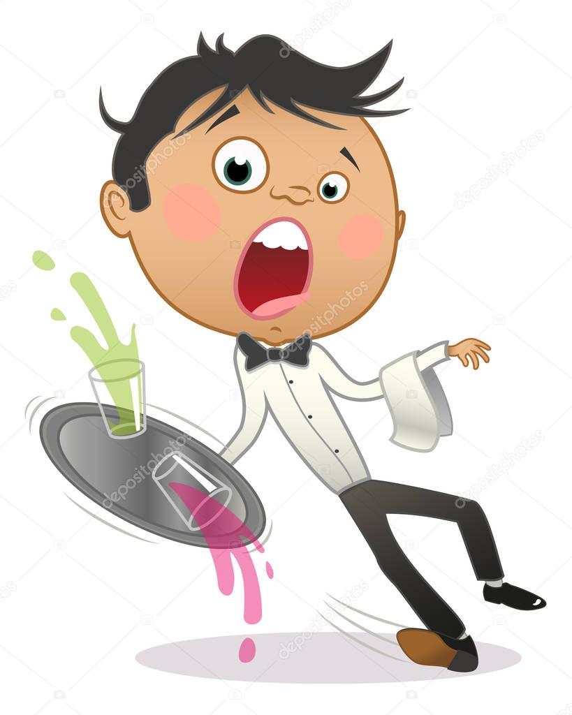 Cartoon waiter slipping and dropping the tray with drinks Stock Vector ...