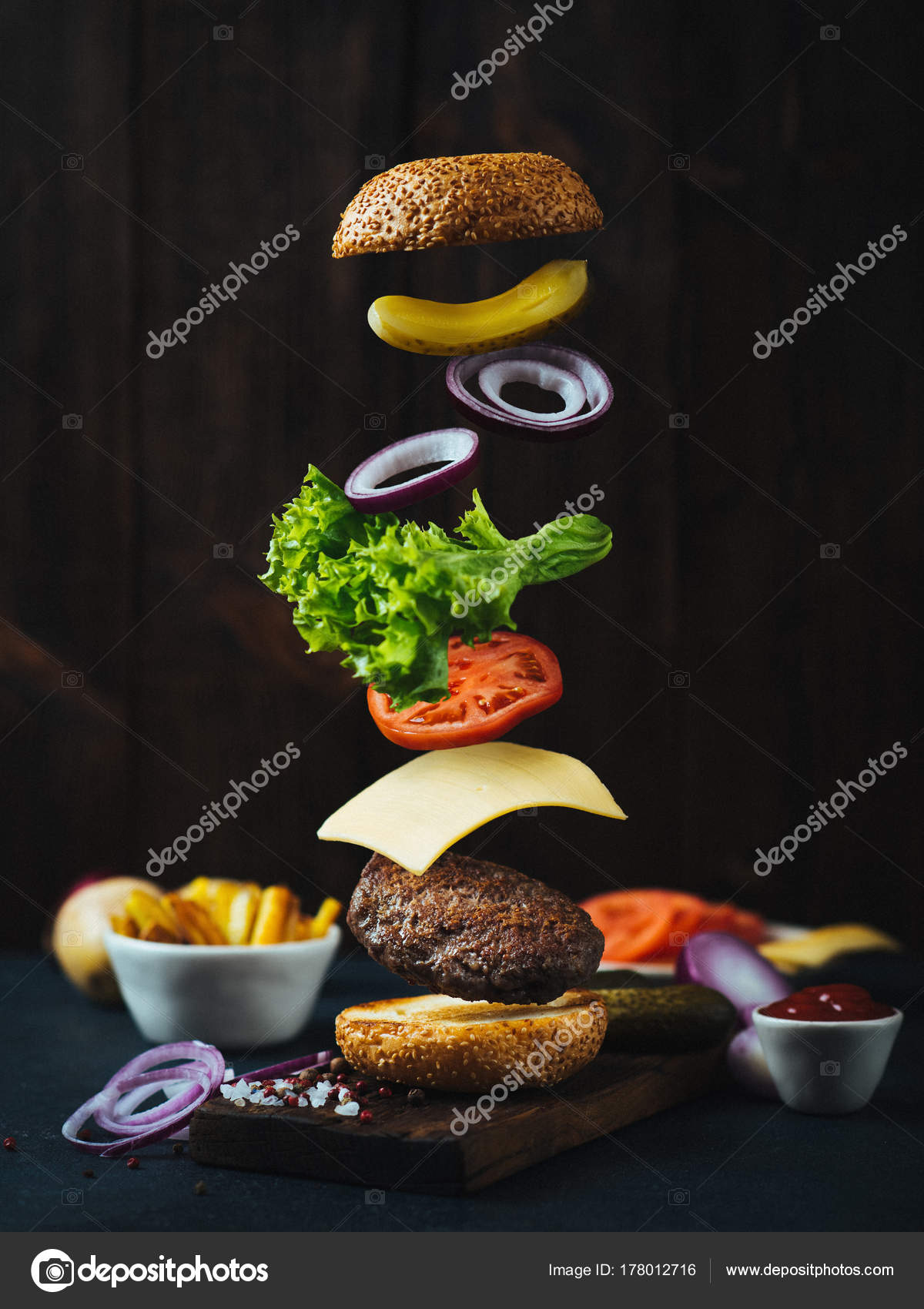 Burger floating on the table Stock Photo by ©Dragonfly666 178012716