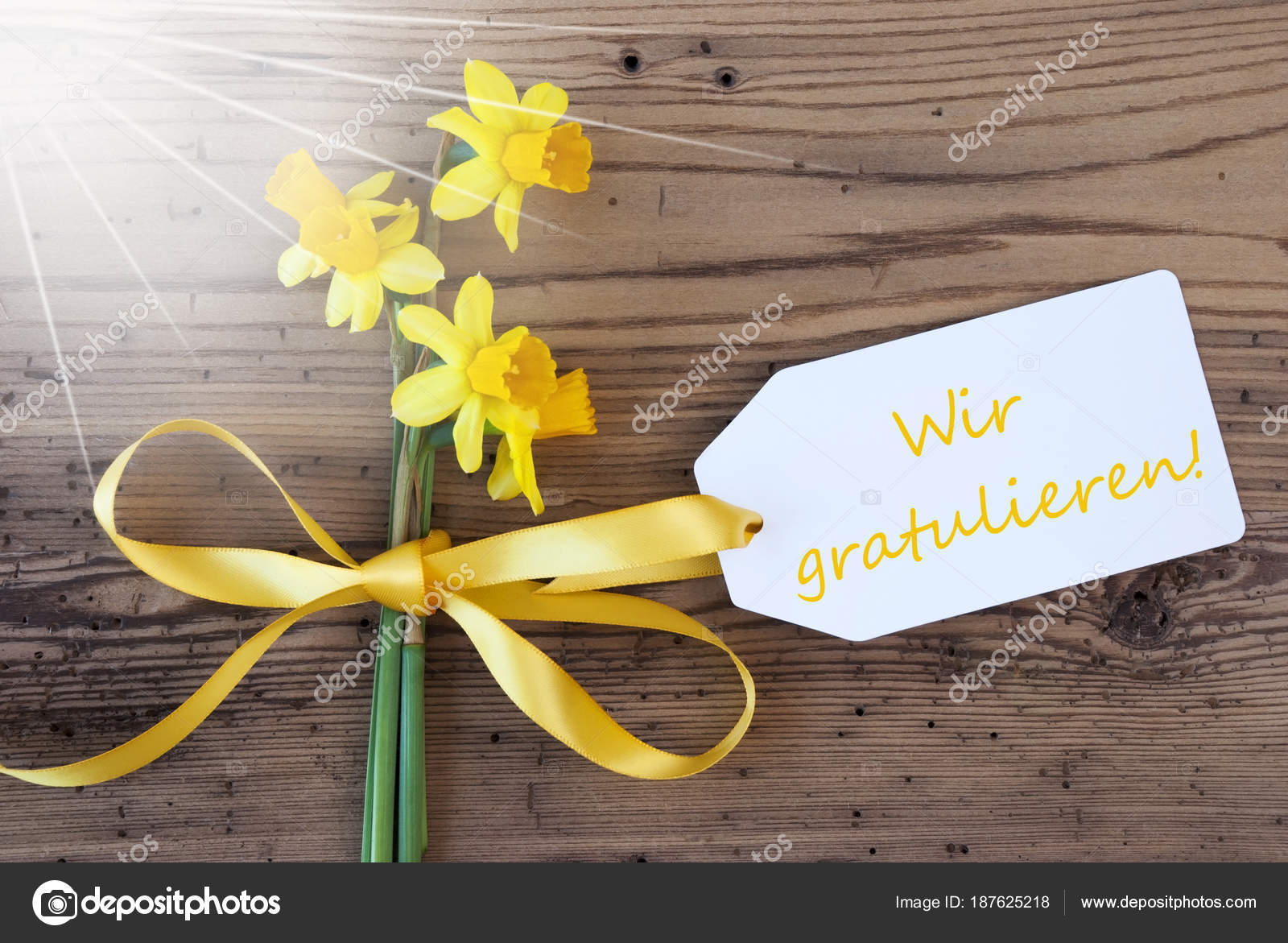 Sunny Spring Narcissus, Label, Wir Gratulieren Means Congratulations ...