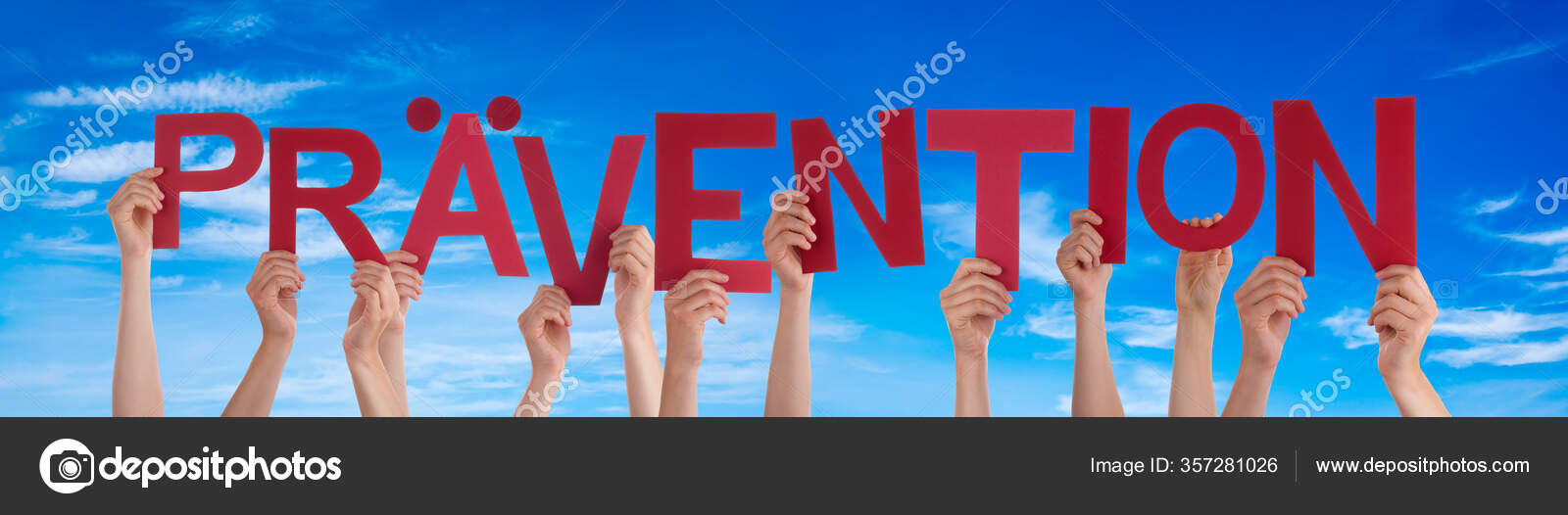 People Hands Holding Word Praevention Means Prevention, Blue Sky Stock ...