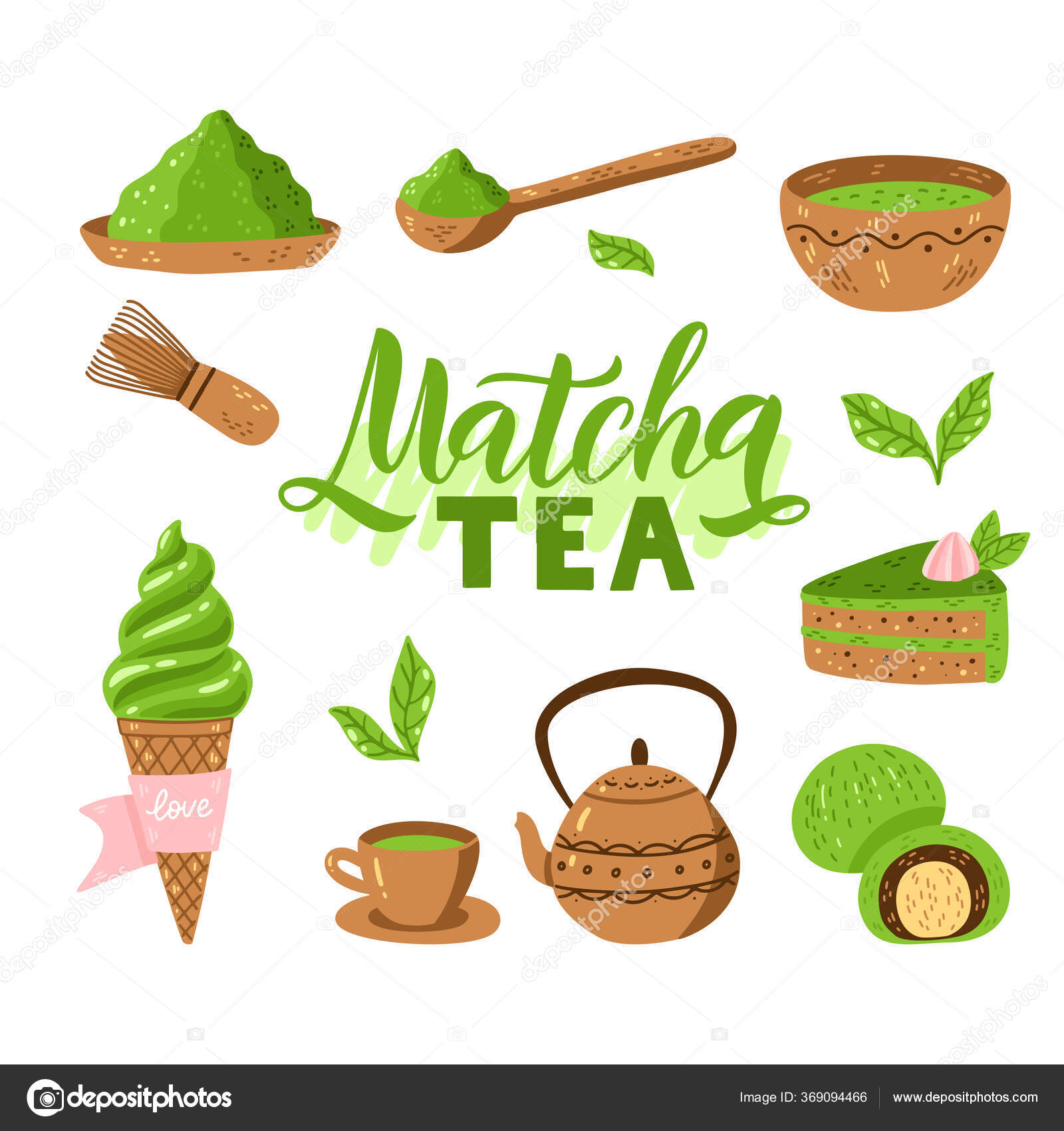 Matcha Green Tea Vector Set Matcha Powder Latte Mochi Tea Stock Vector ...