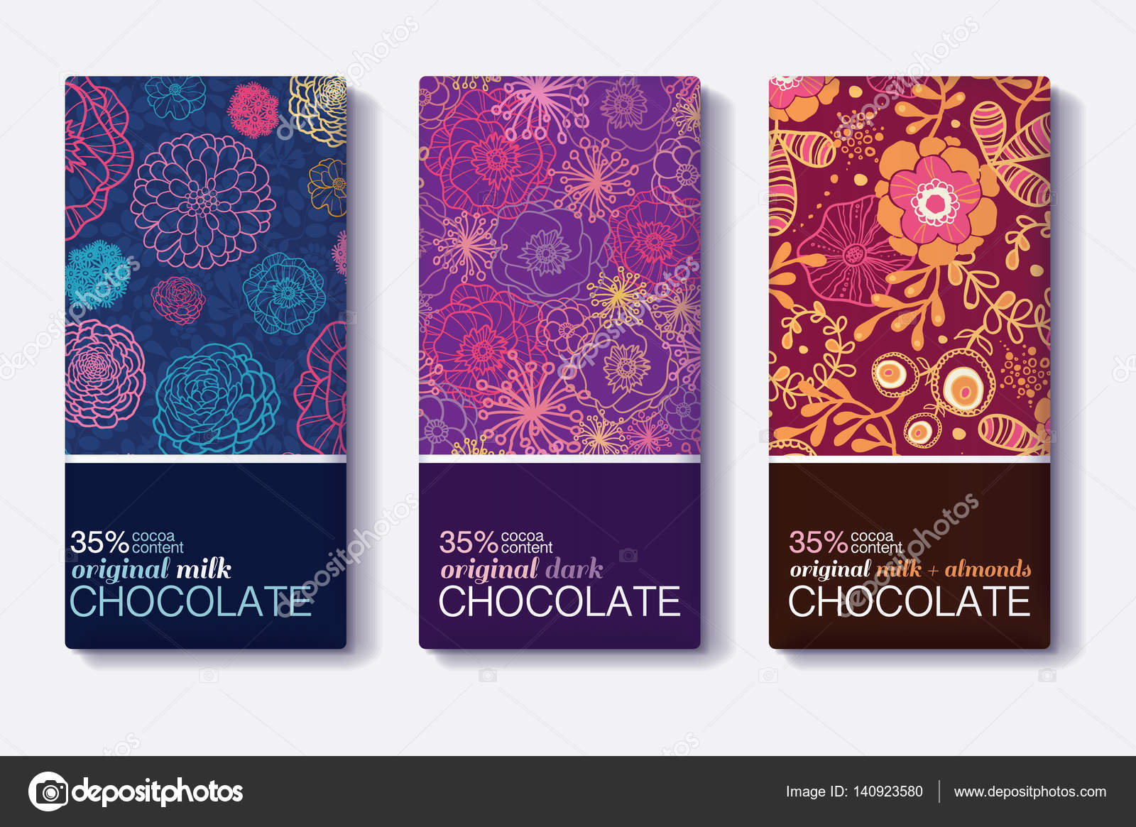 Vector Set Of Chocolate Bar Package Designs With Colorful Floral ...