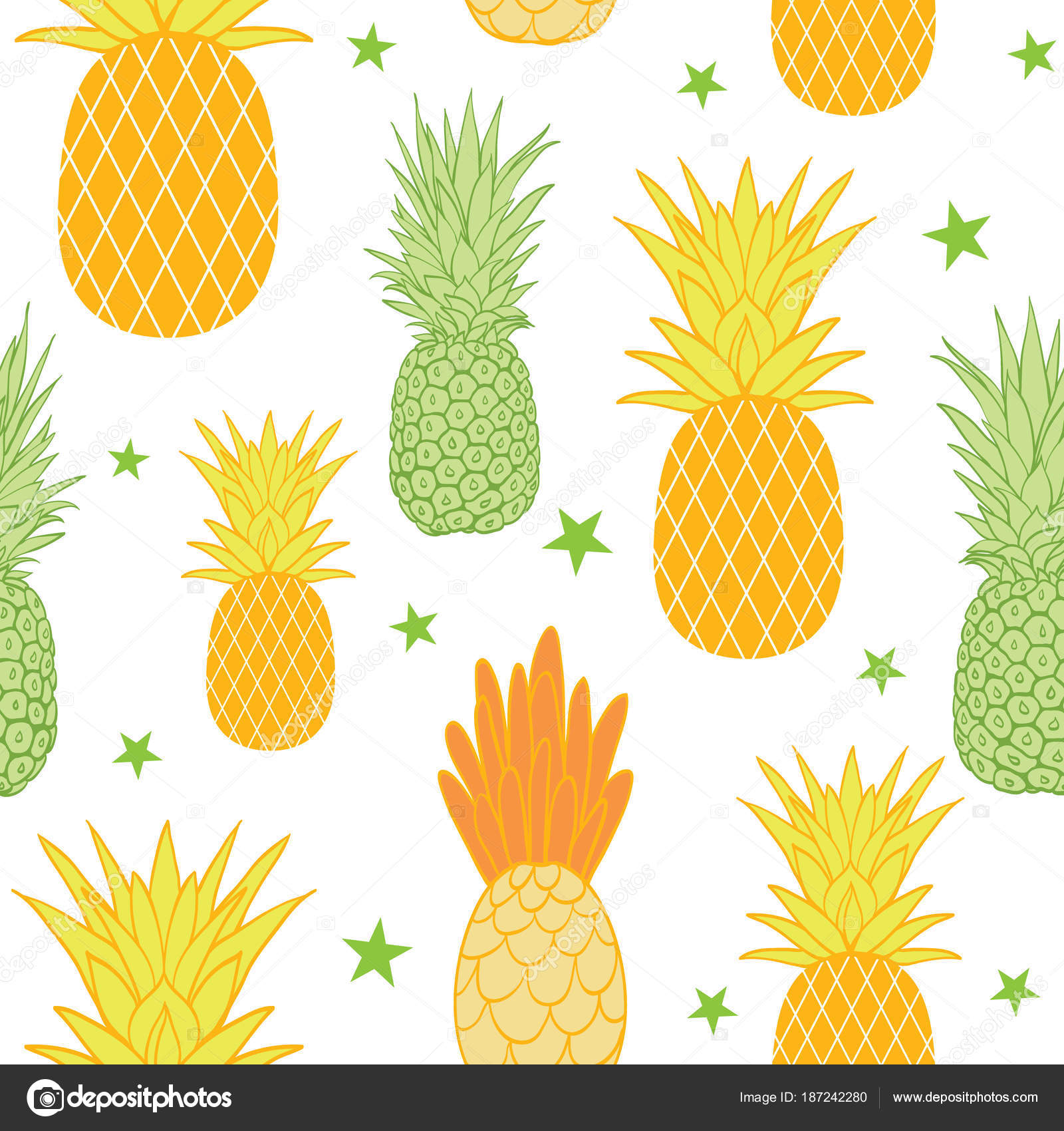 Pineapples and stars vector background seamless repeat pattern. Summer colorful tropical textile ...
